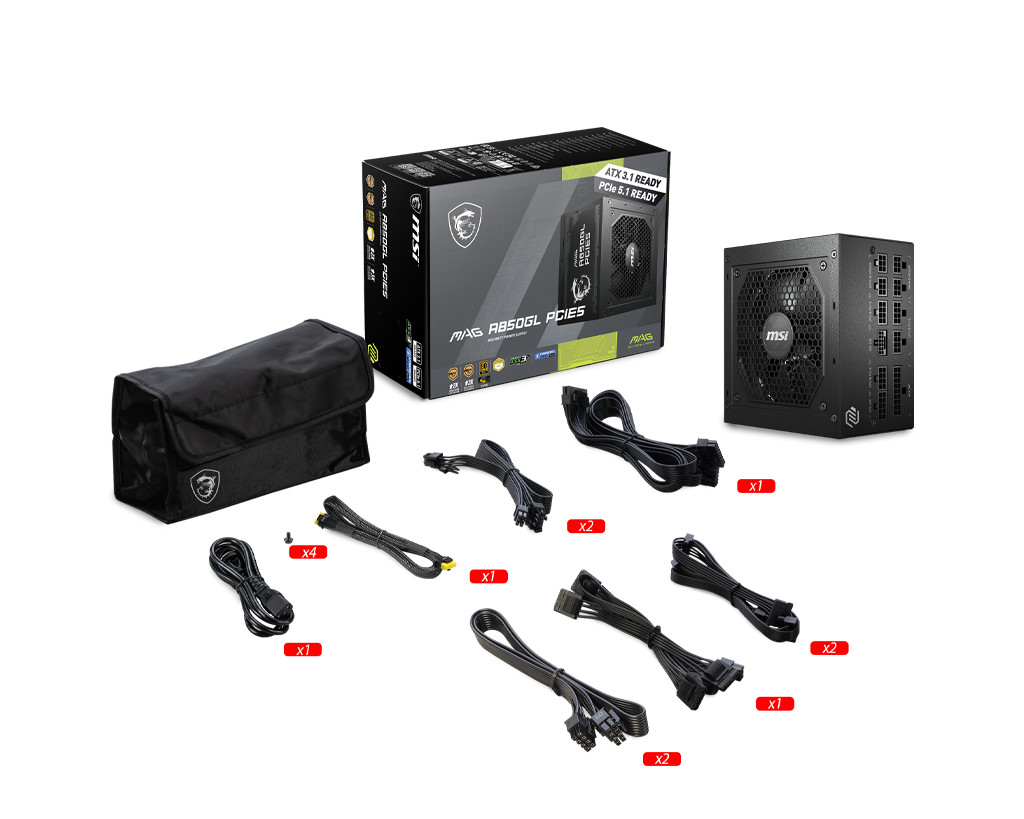 MSI MAG A850GL PCIE 5.1 ATX 3.1 850 Watt 80 Plus Gold Fully Modular